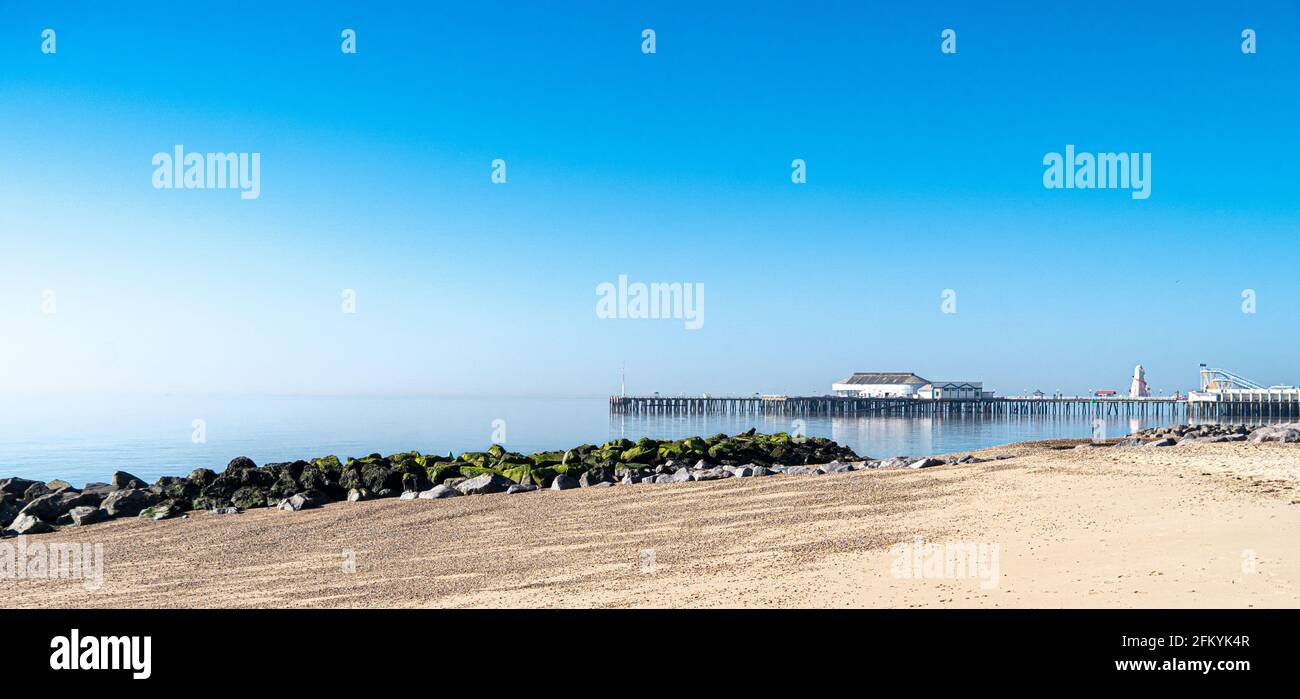 Clacton Beach and Pier from the North side panoramic view in springtime ...