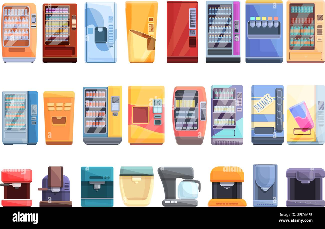 Drink machine icons set. Cartoon set of drink machine vector icons for ...