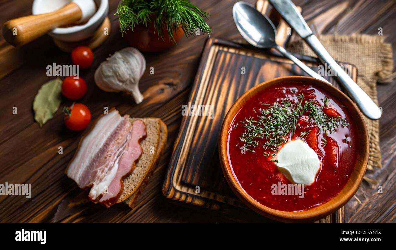 Traditional Ukrainian Russian borscht with white beans on the bowl ...