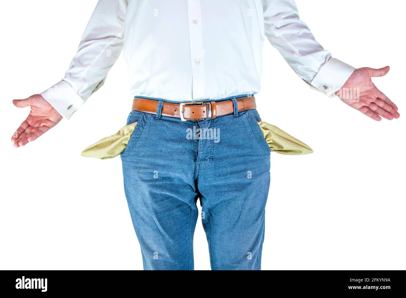 Man in a suit without money shows his empty pockets Stock Photo - Alamy