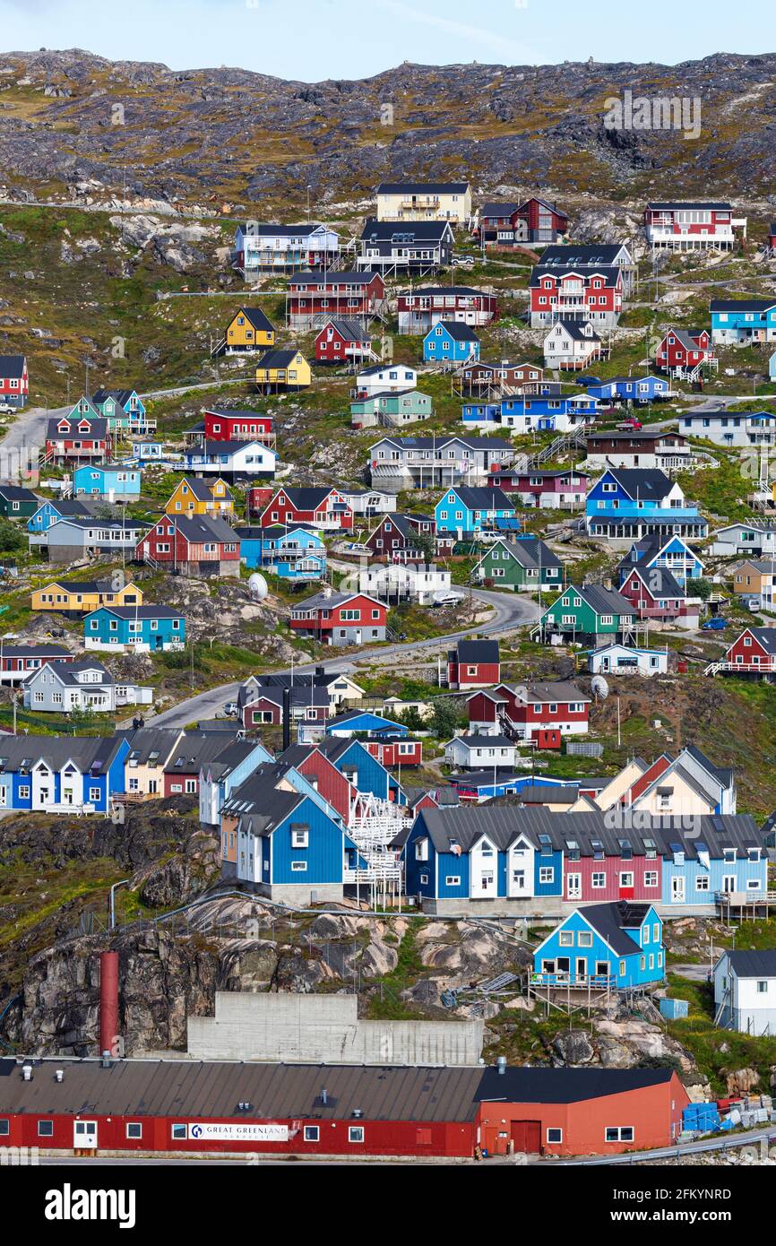 Colorful buildings in the small Greenlandic village of Qaqortoq ...