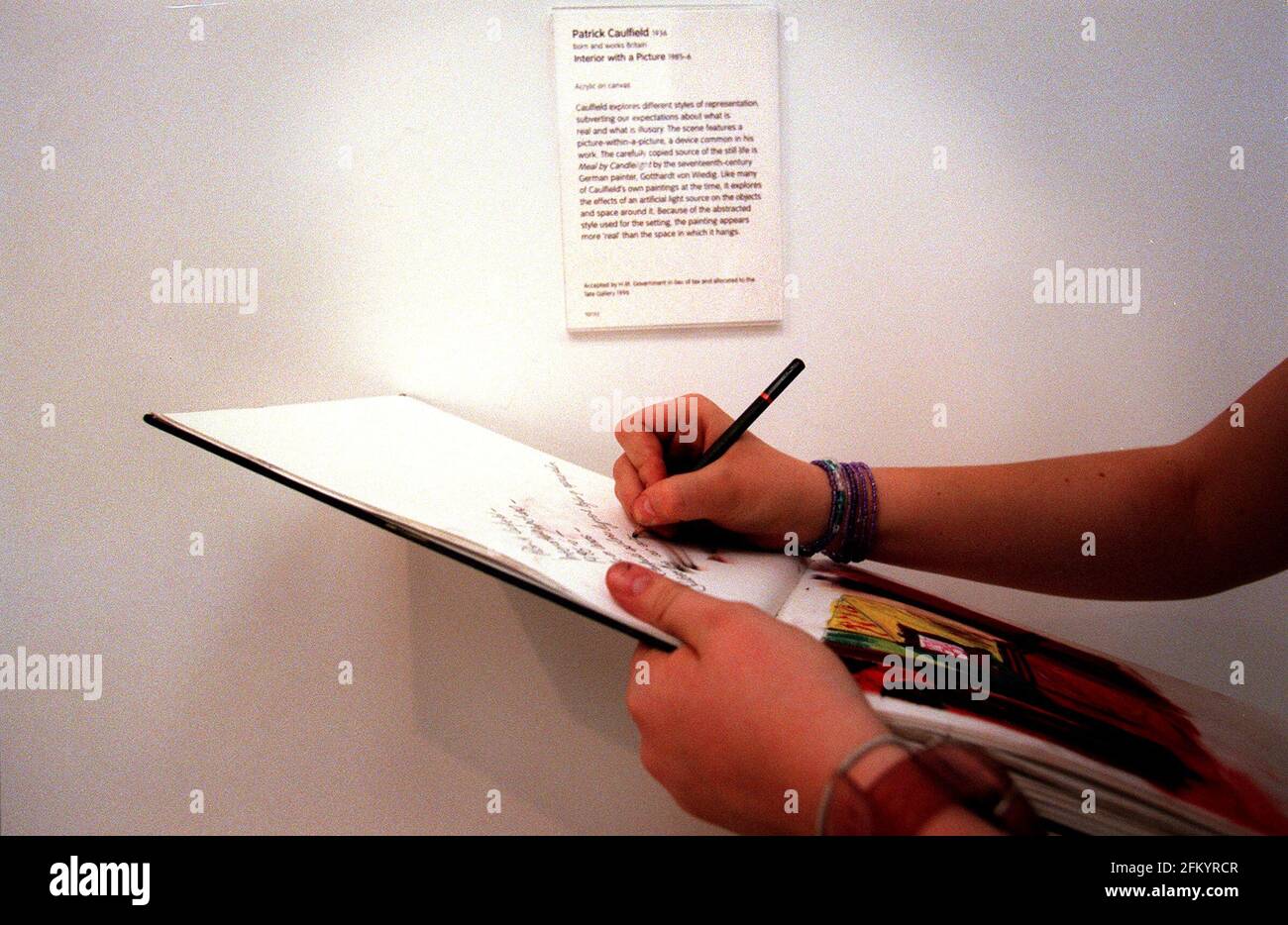 AN ART STUDENT AT THE TATE MODERN TAKES NOTES FROM A WALL PLAQUE Stock ...