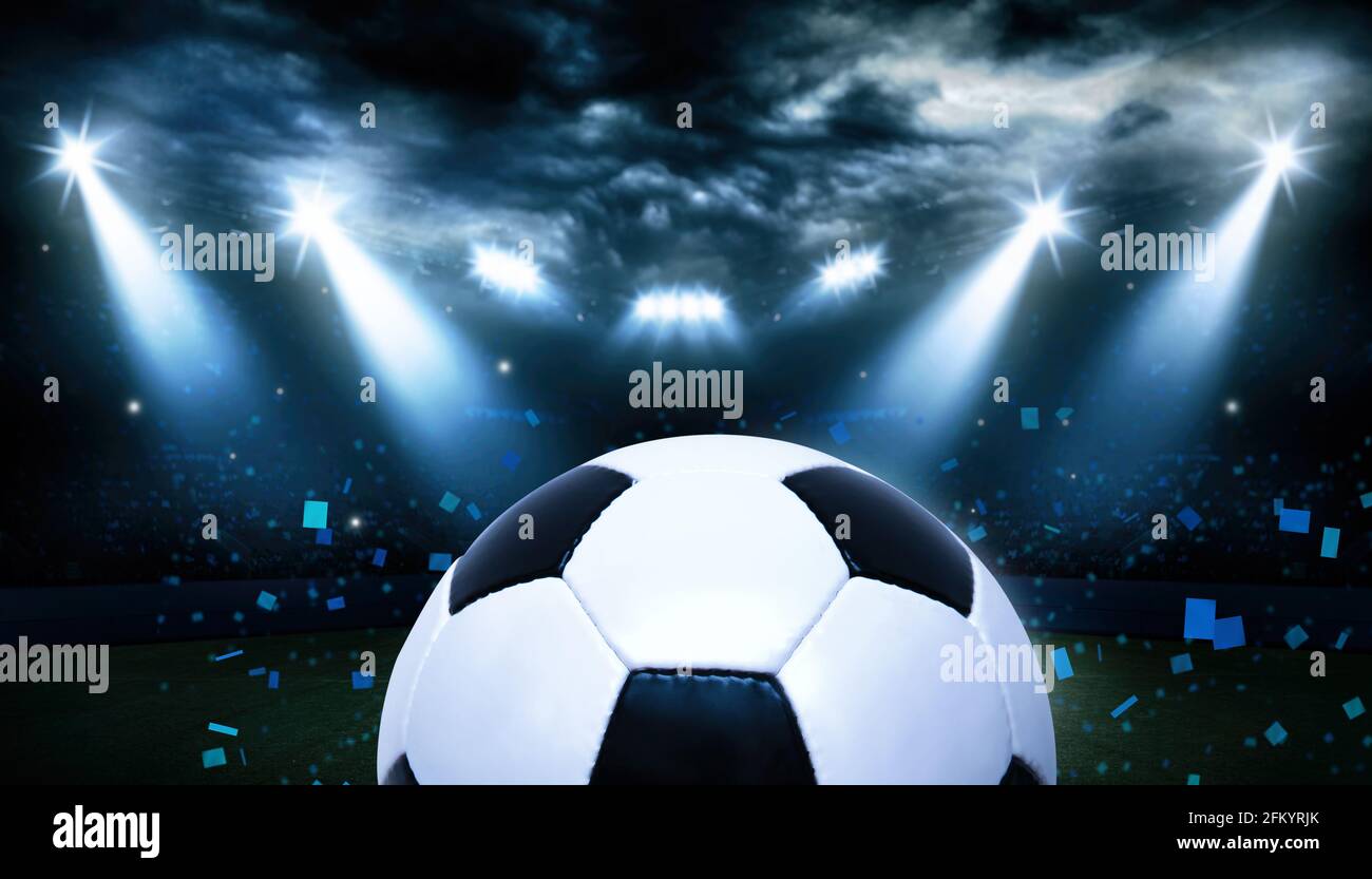 Football stadium, shiny lights, view from field. Soccer concept Stock ...