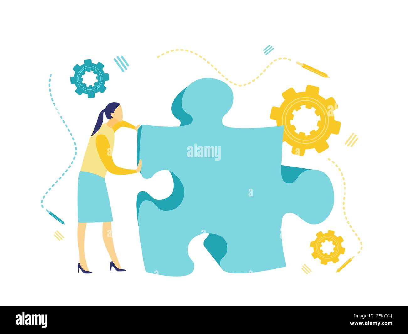 Flat illustration of a business woman pushing puzzle pieces. Simple ...