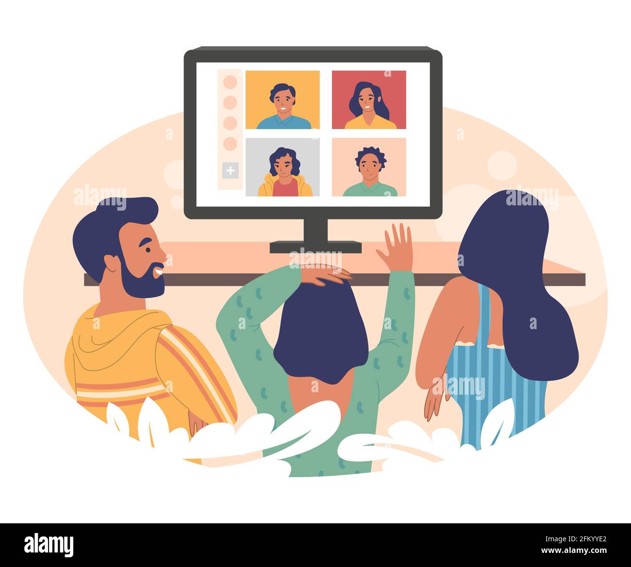 Relatives communicating online via group video call chat, vector ...