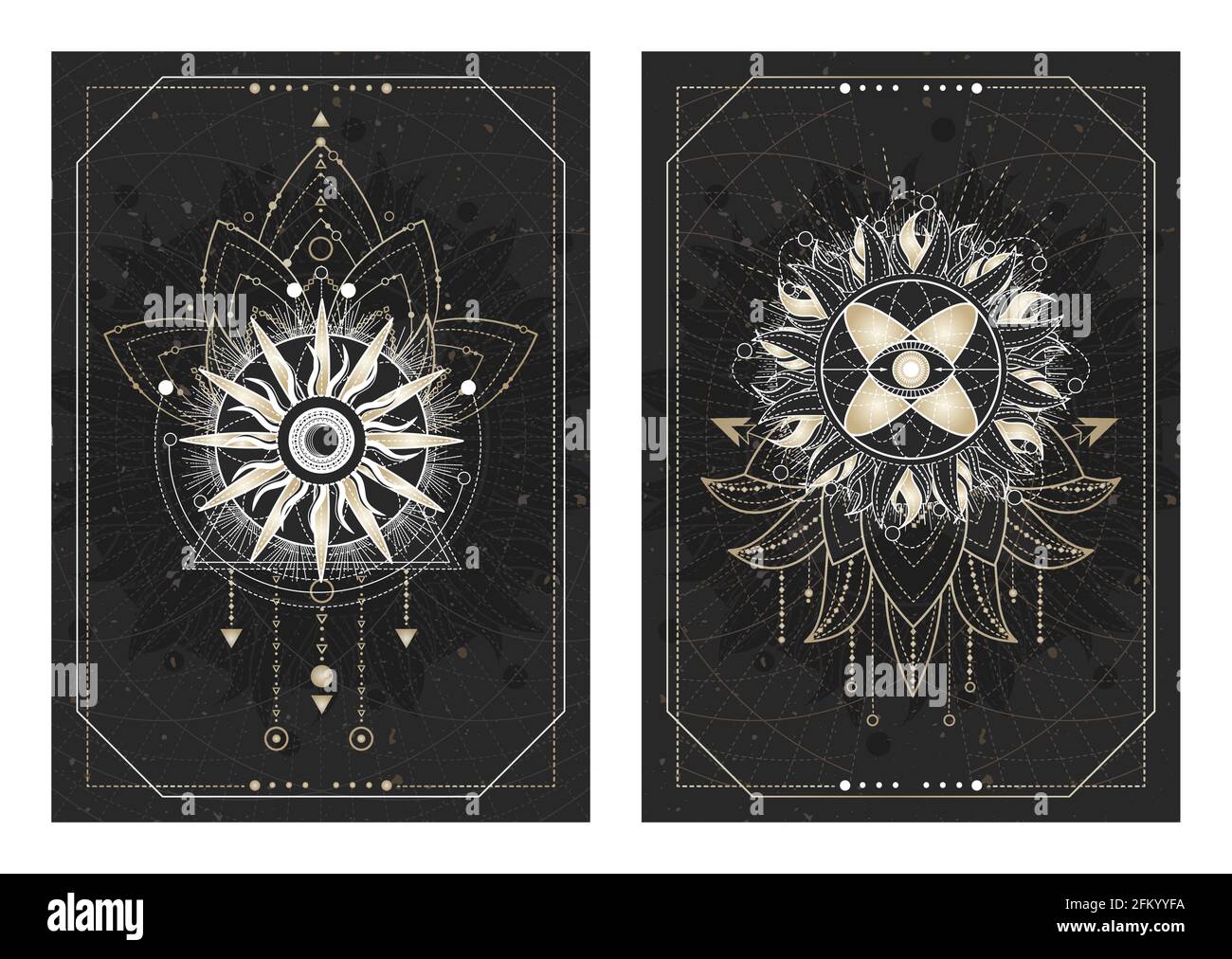 Vector dark illustrations with sacred geometry symbols, grunge textures ...