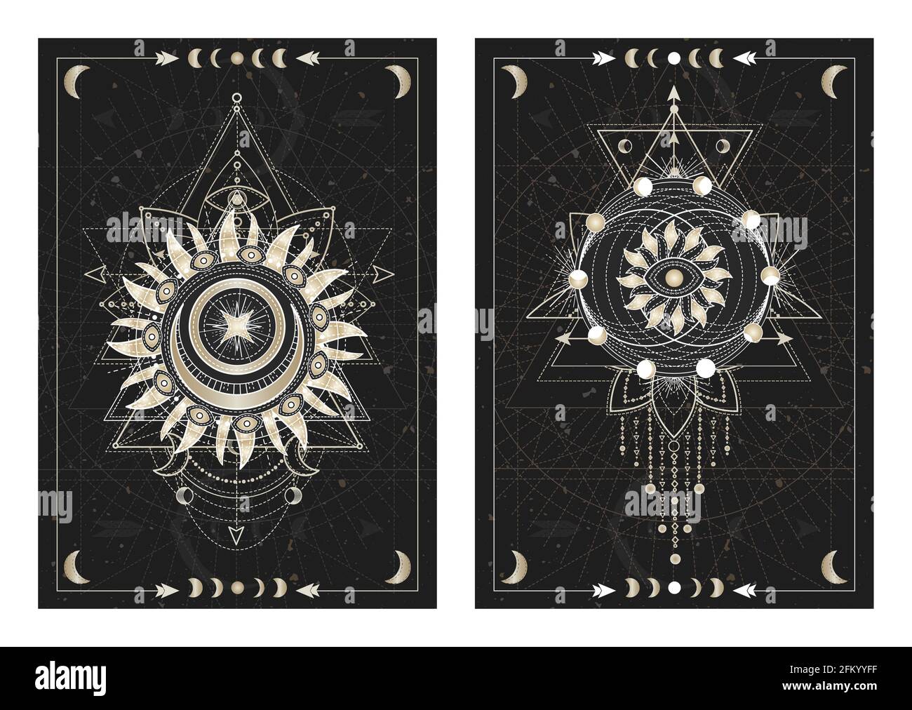 Vector dark illustrations with sacred geometry symbols, grunge textures ...