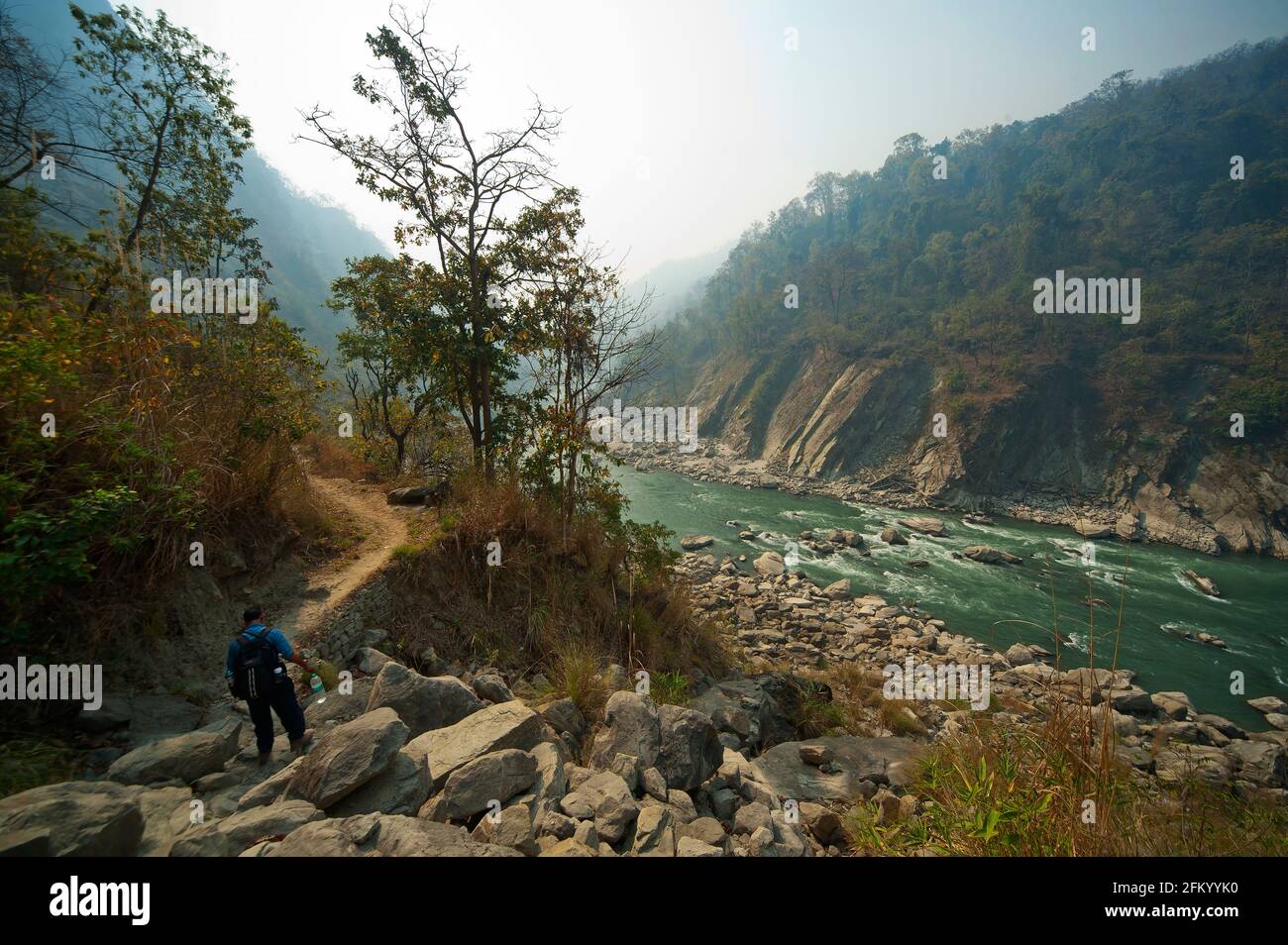 Trekking along the Sarda river on the way to Chuka Village, Uttarakhand ...