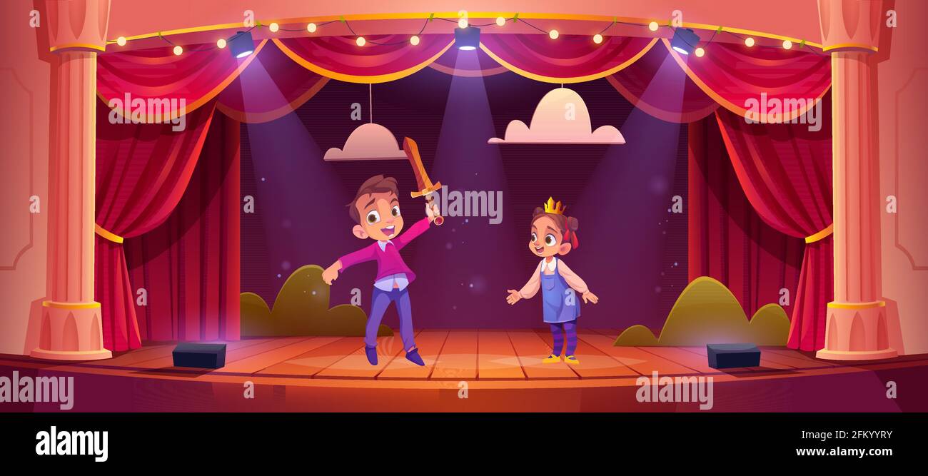 Kids on theatre stage, little children actors playing fairy tale ...