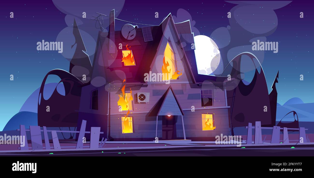 Fire in house at night, burning suburban cottage with flame in windows ...