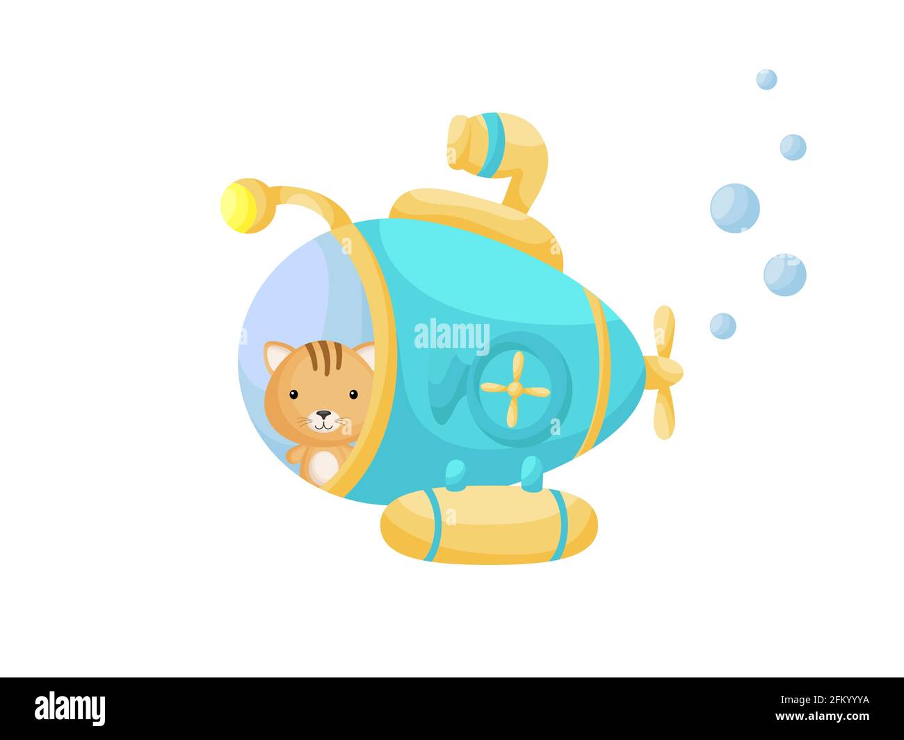 Cute little cat sail on turquoise submarine. Cartoon character for ...