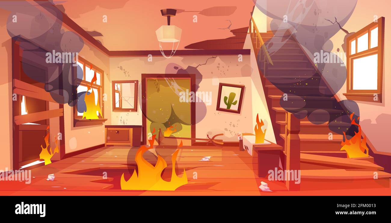 Old abandoned house on fire. Flame and black smoke clouds inside home ...