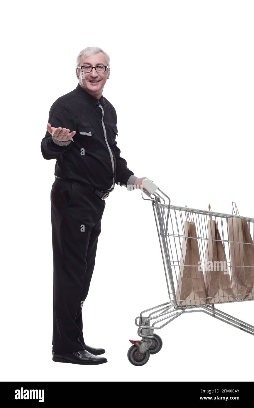 in full growth. happy old man with a shopping cart Stock Photo - Alamy