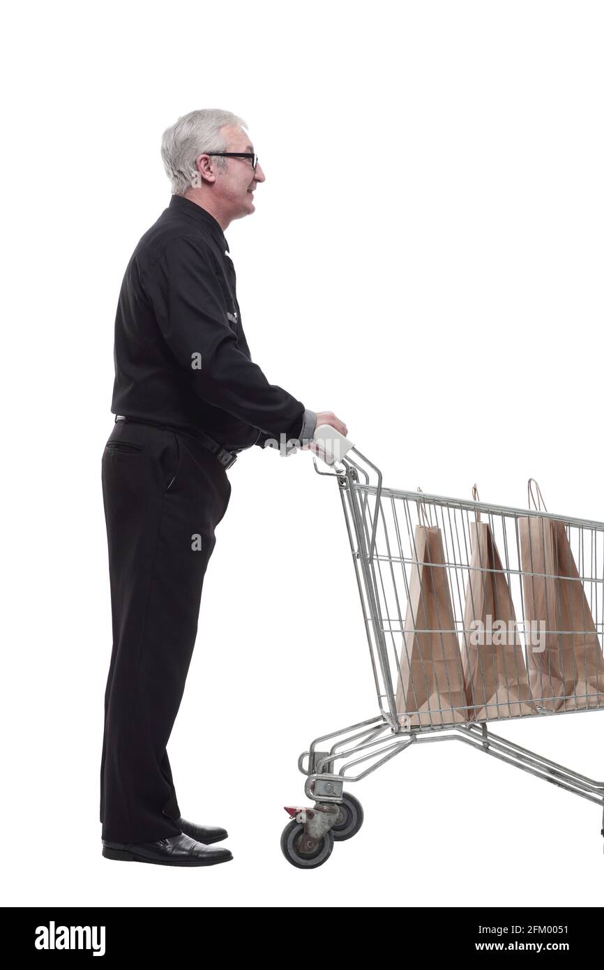 in full growth. happy old man with a shopping cart Stock Photo - Alamy