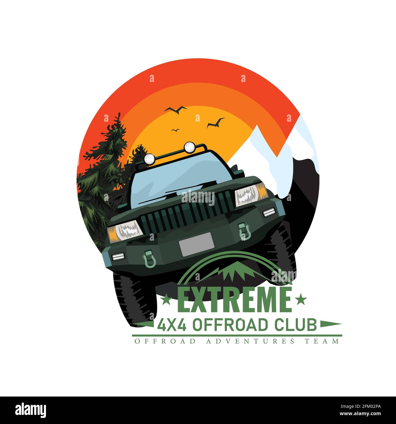 Off-road car or expedition offroader with mountain and forest nature ...