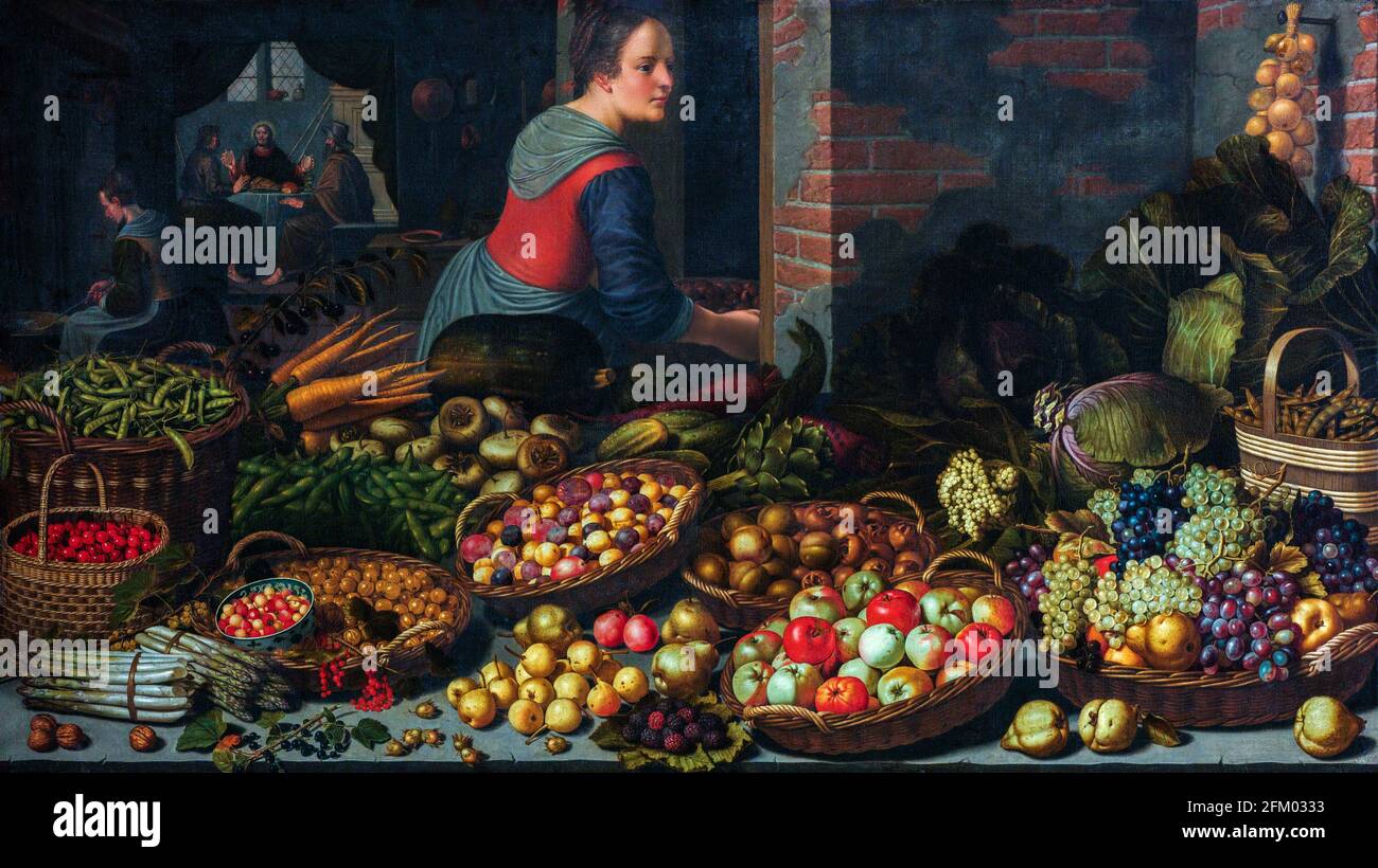 Still life with fruit and vegetables with Christ and the Supper at ...