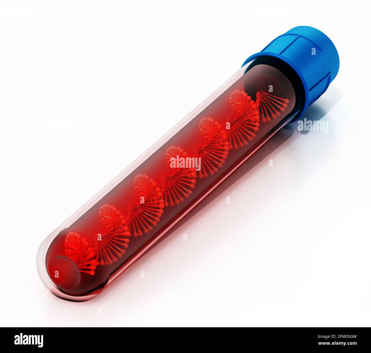 DNA helix inside blood vial isolated on white background. 3D ...
