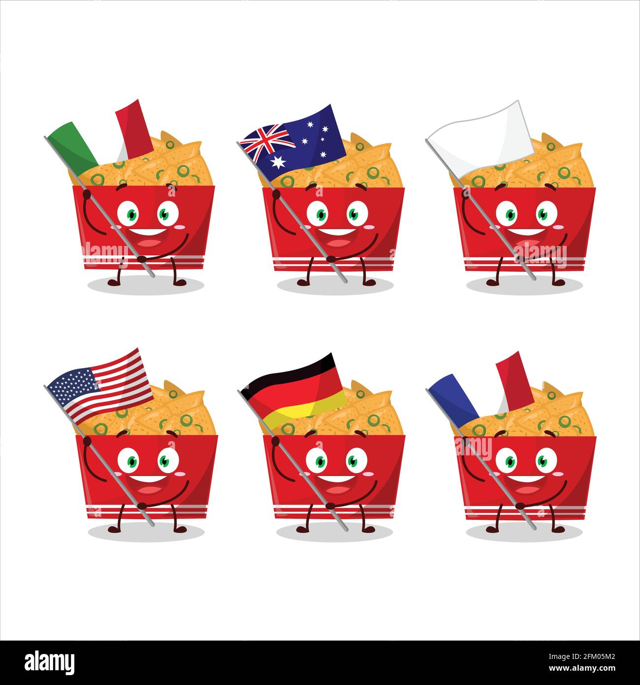 Nachos cartoon character bring the flags of various countries. Vector ...