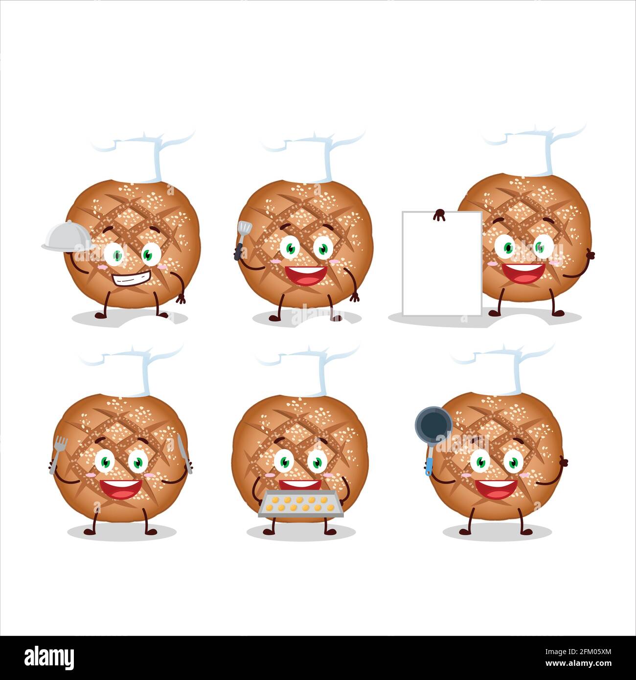 Cartoon character of round dark bread with various chef emoticons ...