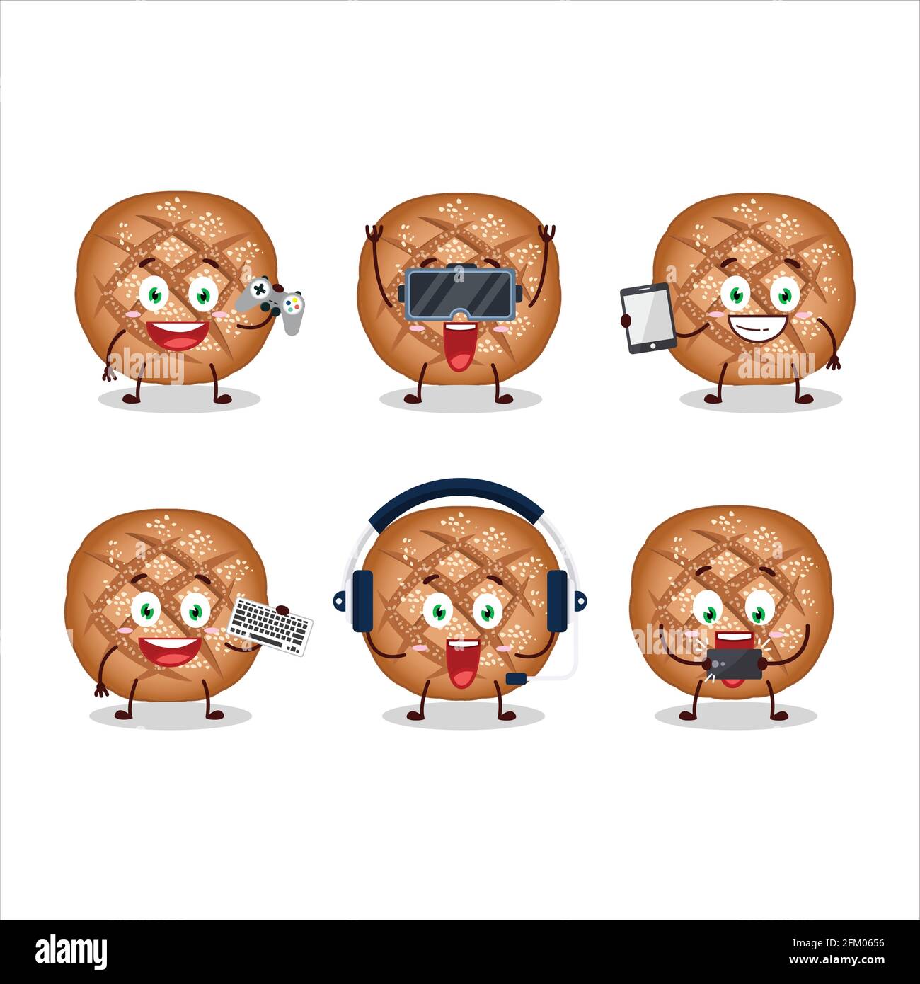 Round dark bread cartoon character are playing games with various cute ...