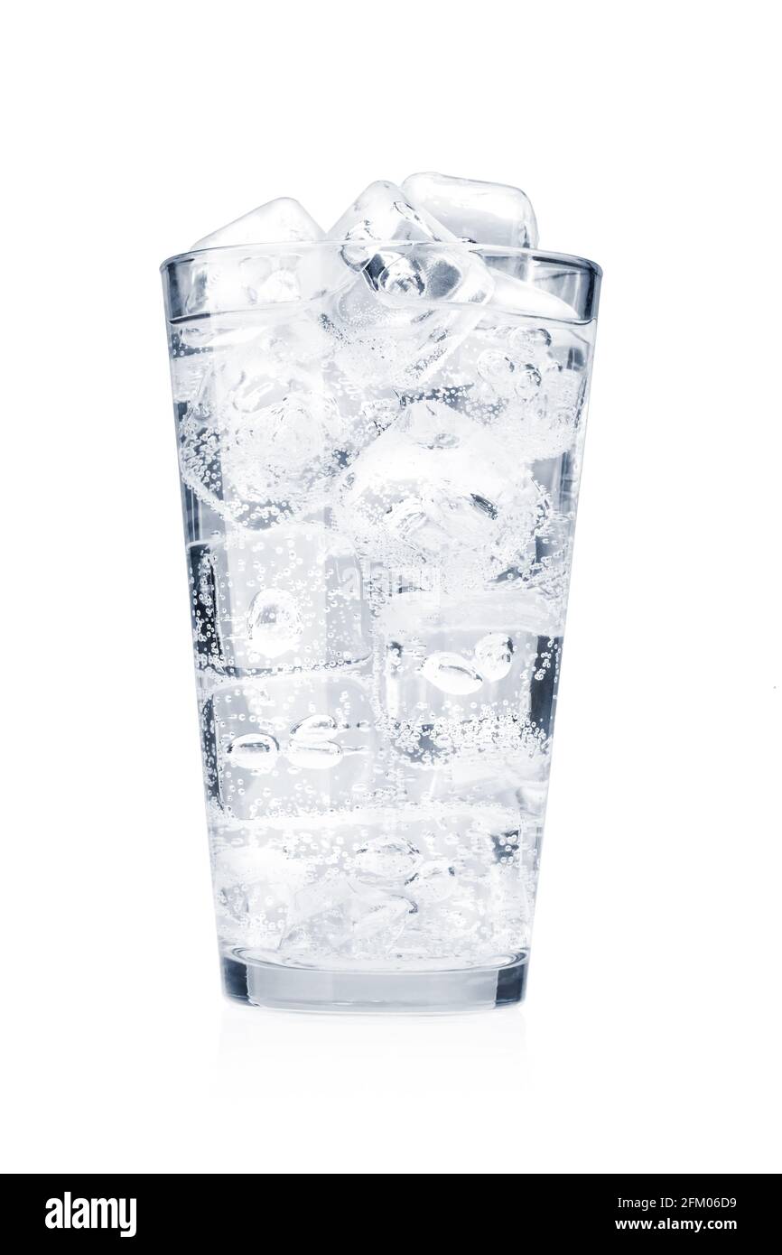 Glass of water with ice cubes. Tonic water drink. Isolated on white ...