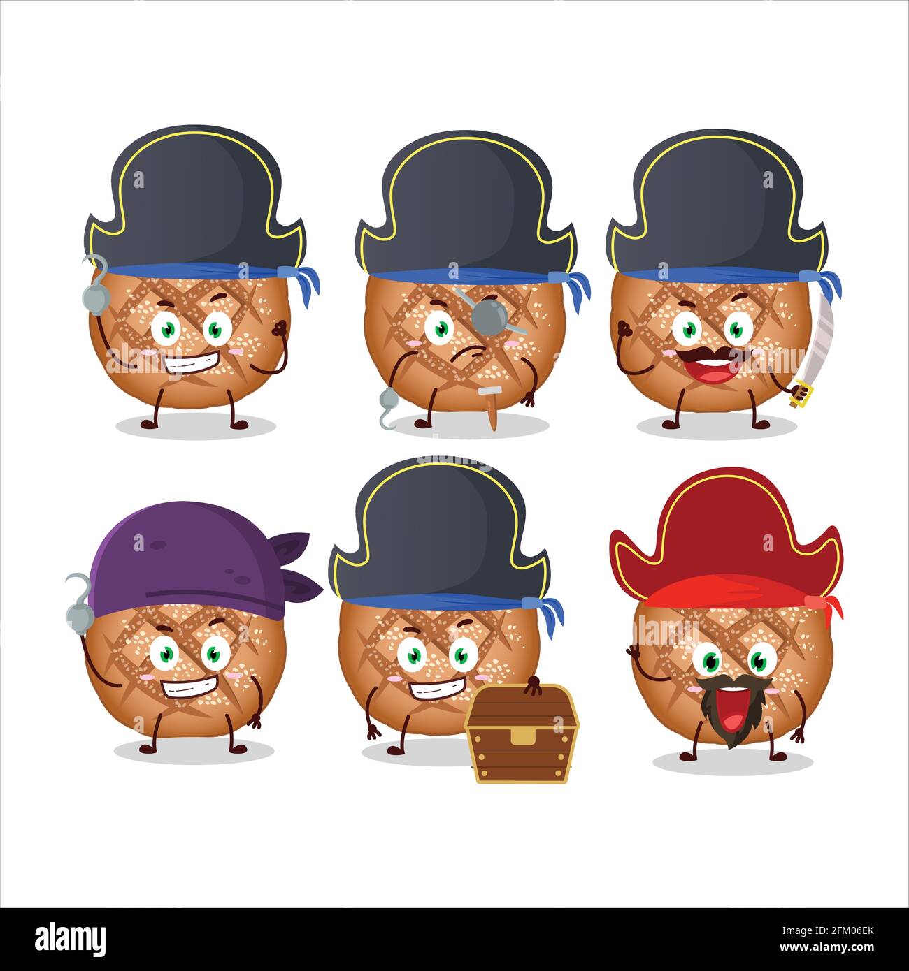 Cartoon character of round dark bread with various pirates emoticons ...
