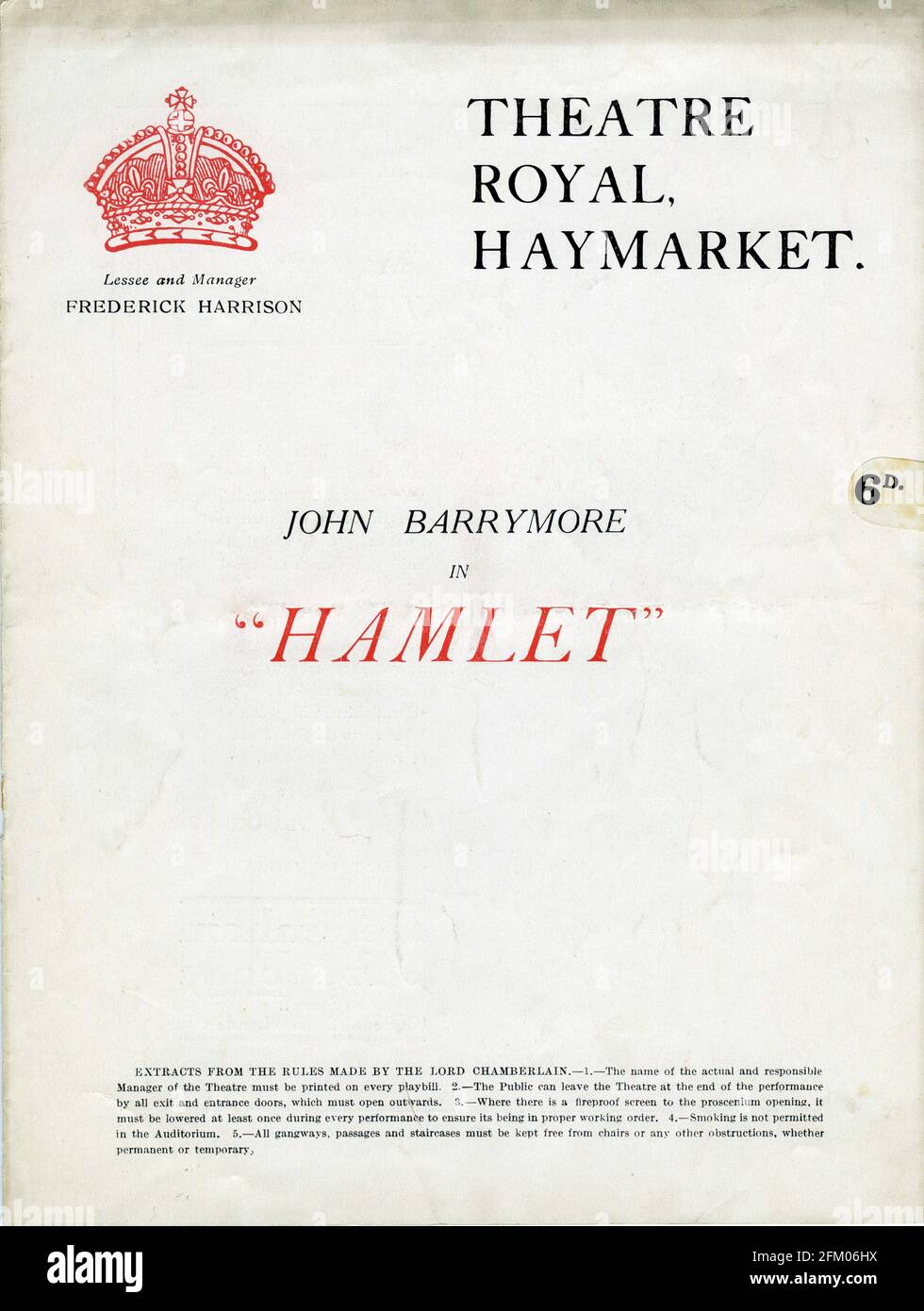 Front Cover of Theatre Programme for JOHN BARRYMORE as Hamlet, Prince ...