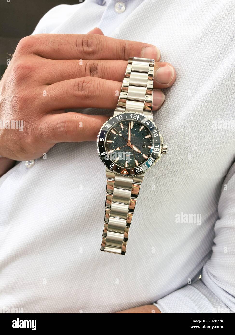 Alicante, Spain- April, 2021: Swiss made professional diver Oris Aquis ...