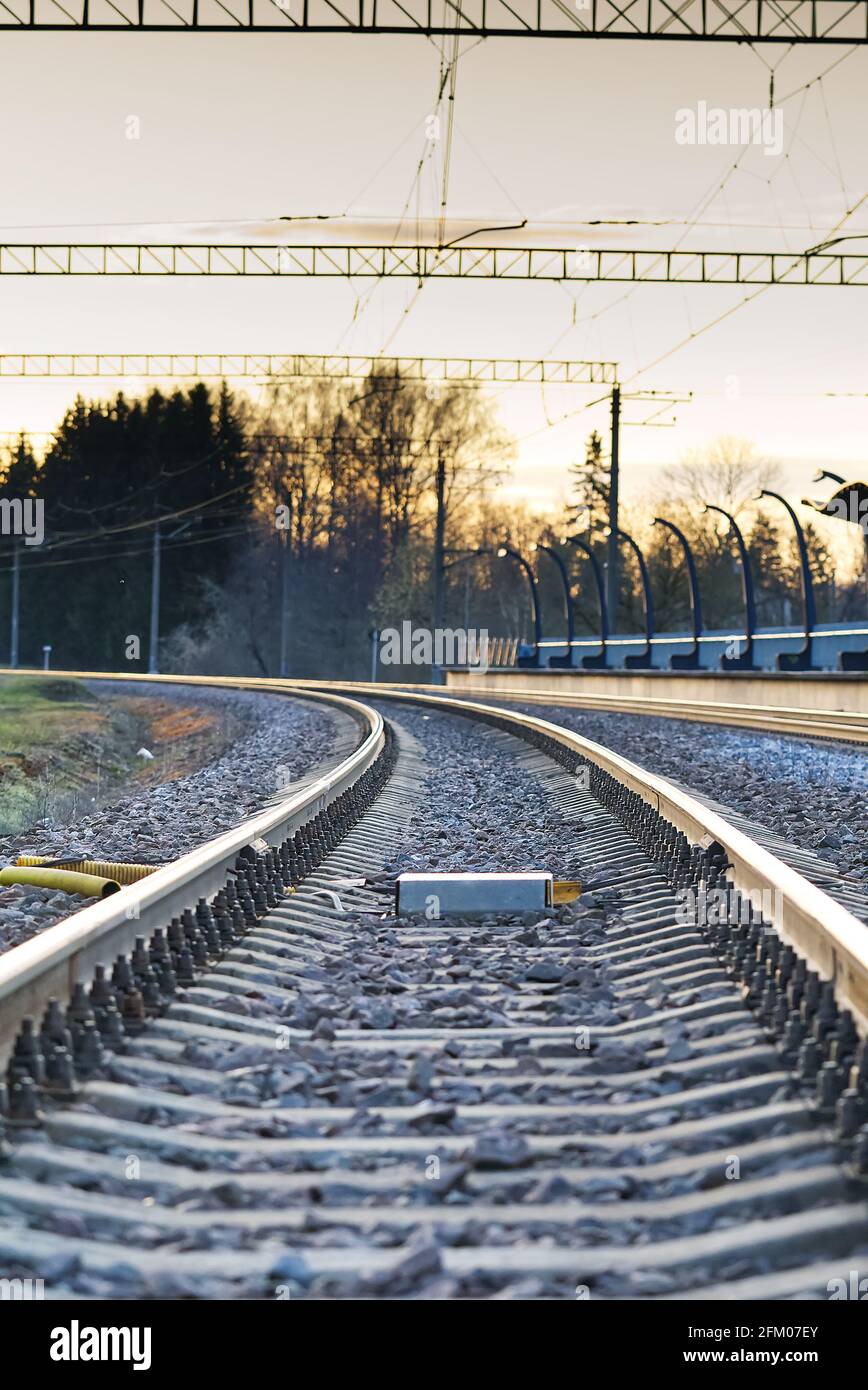 railroad rails on concrete sleepers. updated railway for high-speed ...