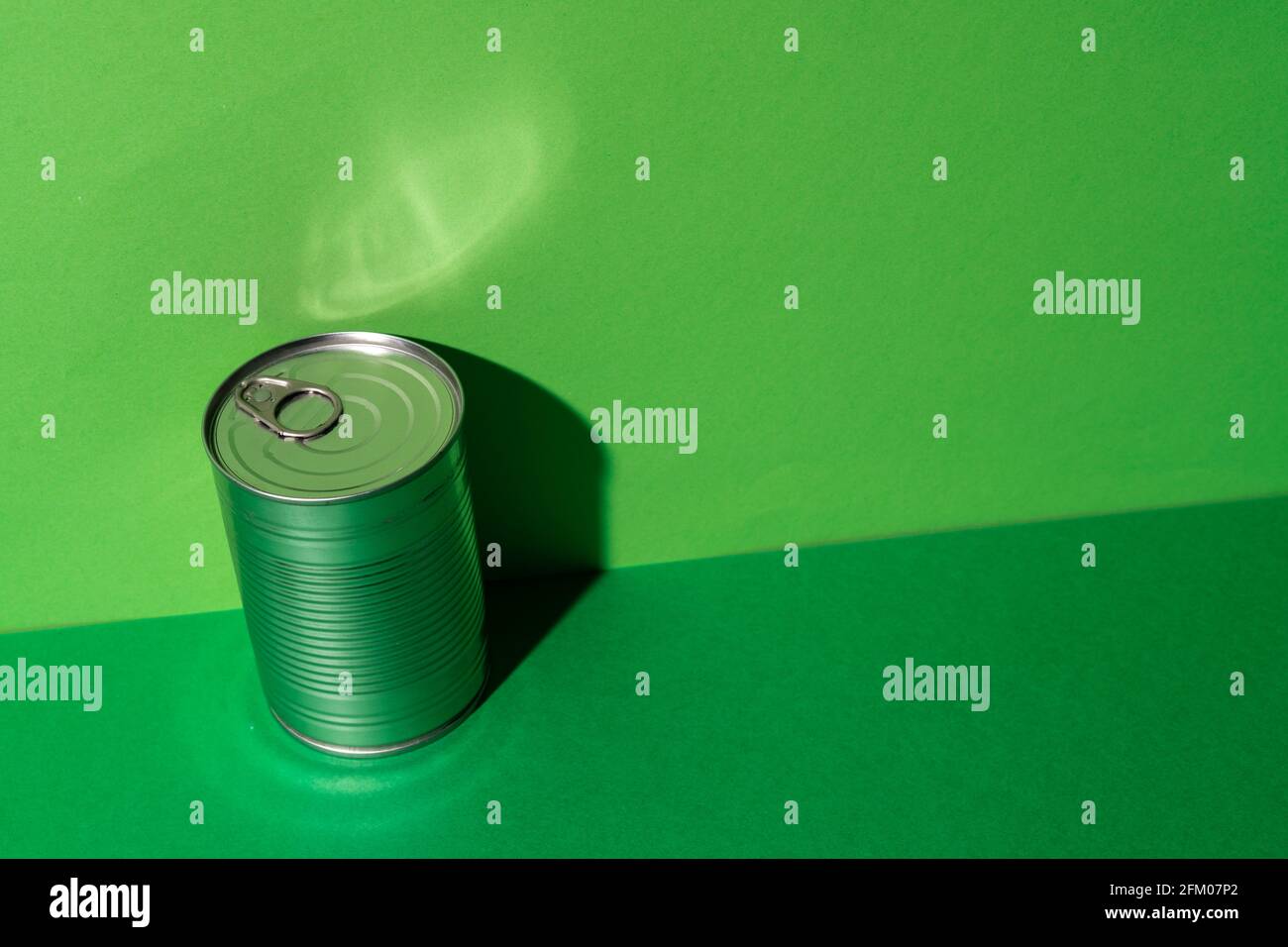 Canned food tin on green studio background Stock Photo - Alamy