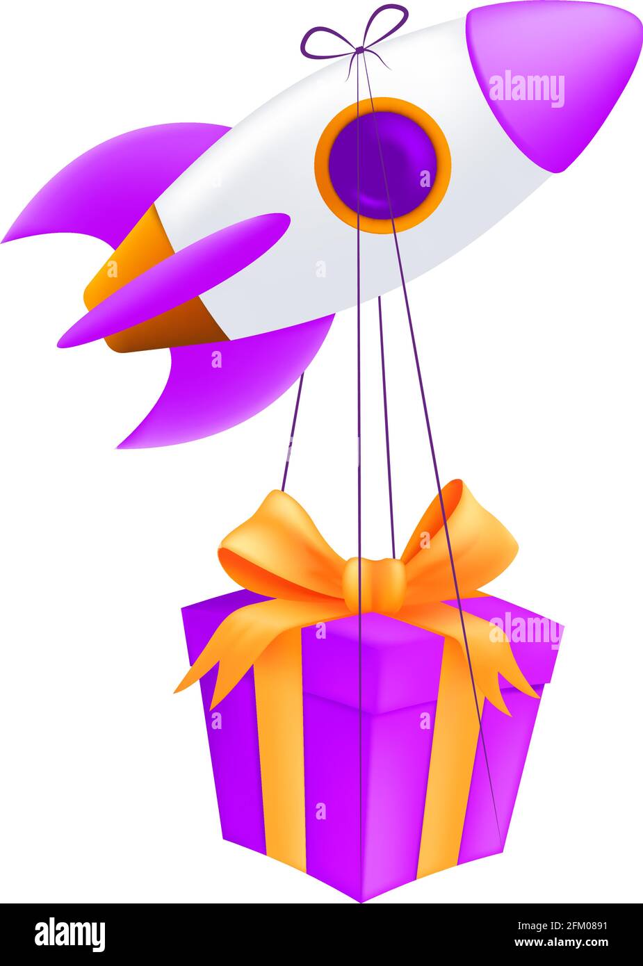 A flying rocket delivering gift box. Vector illustration of a pink ...