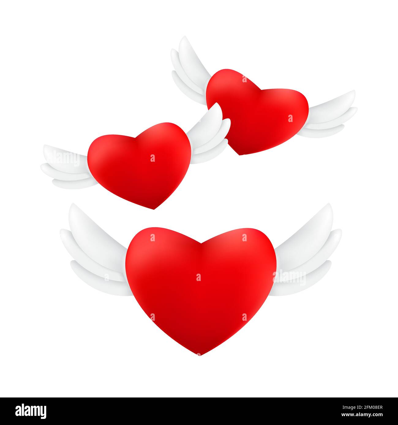 Set of flying red hearts with angel wings isolated on a white ...
