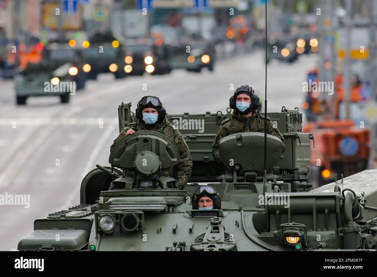 Moscow, Russia. 4th May, 2021. Soldiers are seen on a military vehicle ...