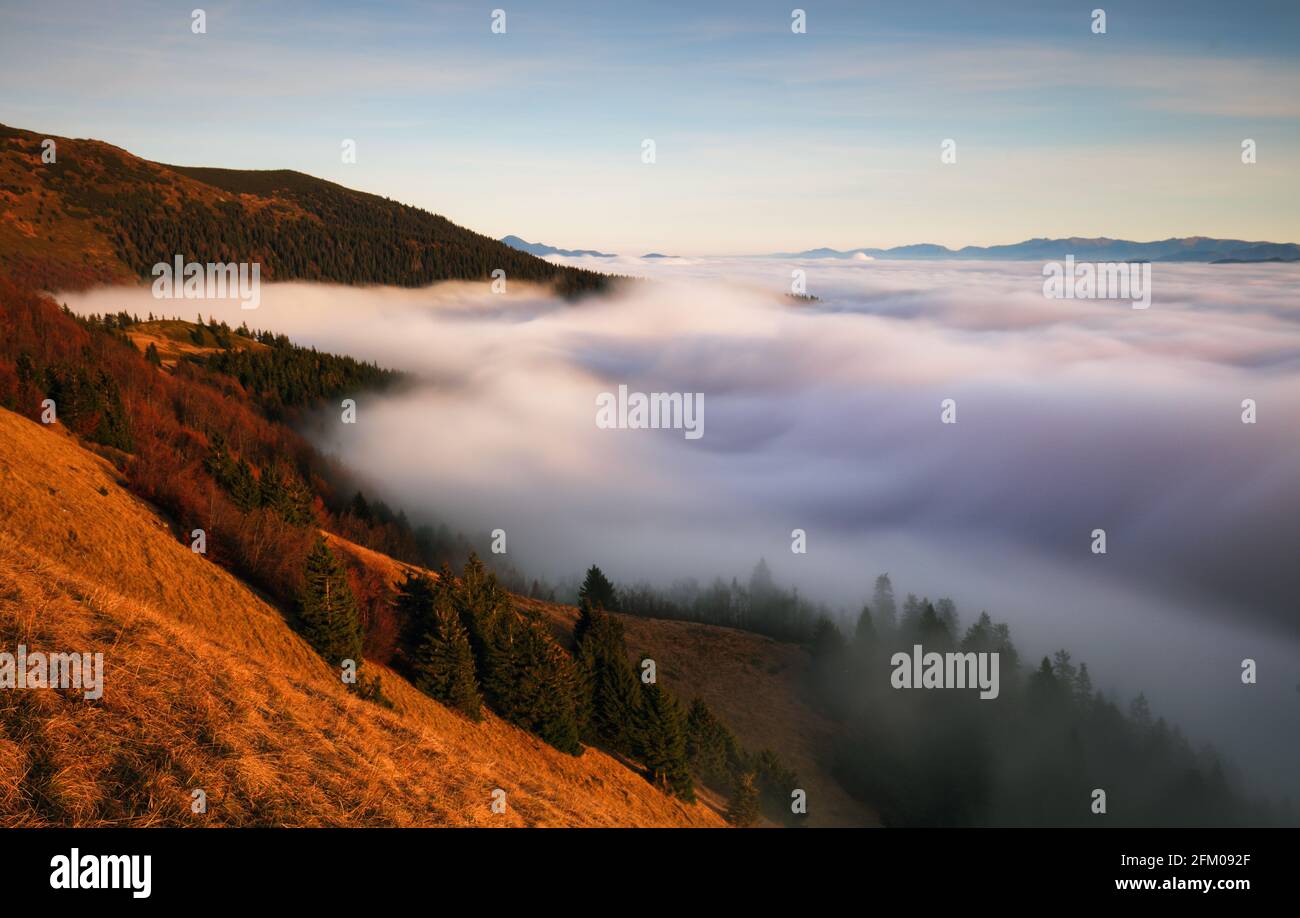 Mountains Landscape with Inversion in the Valley at Sunset, Slovakia ...