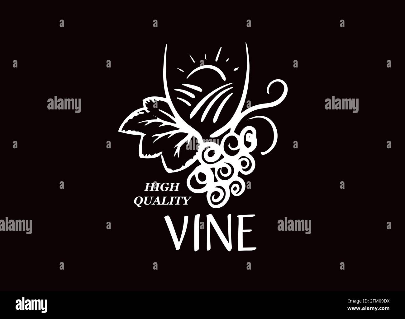 Vector logo drawn by hand. Landscape of vineyards through a glass of ...