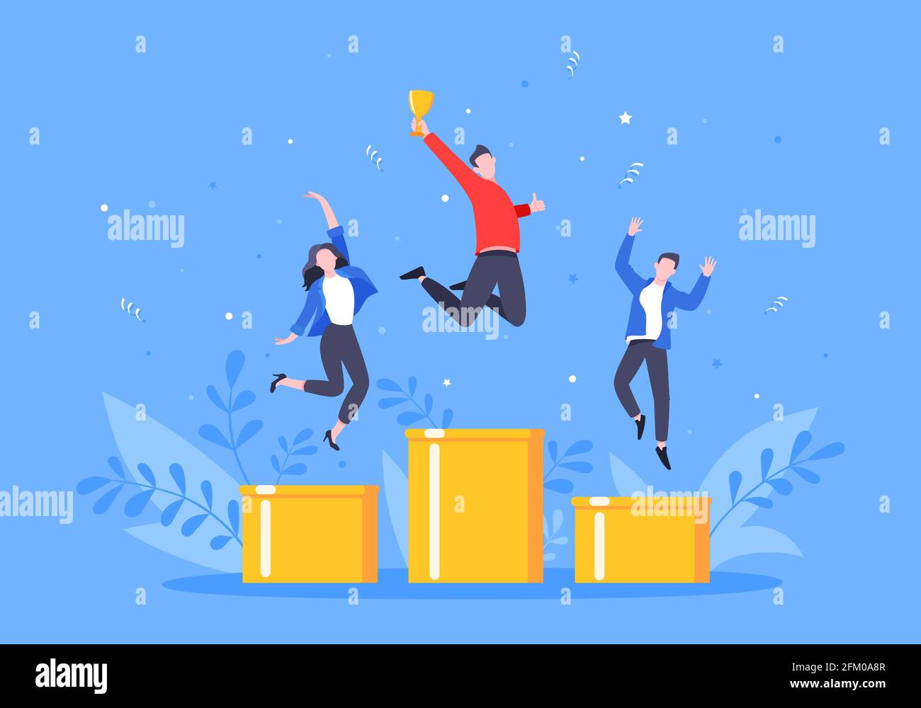 People standing on the podium rank first three places, jumps in the air ...