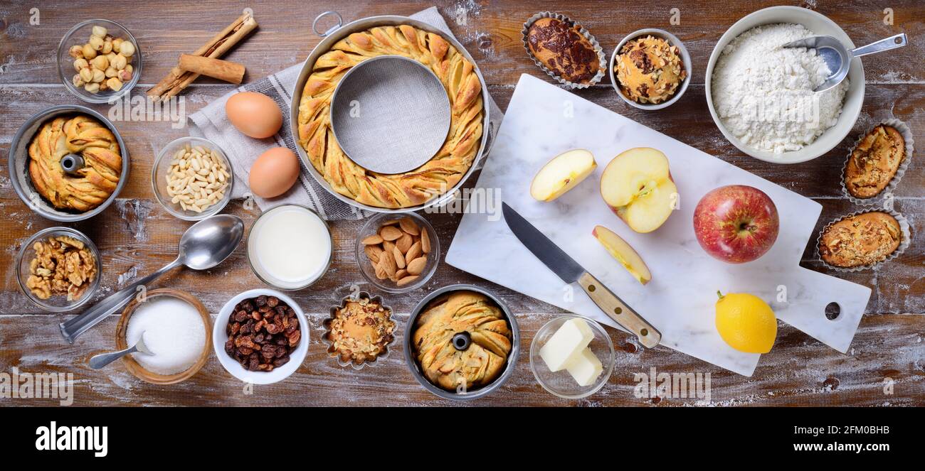 Homemade cakes, baked sweets with cooking ingredients: apple donuts ...