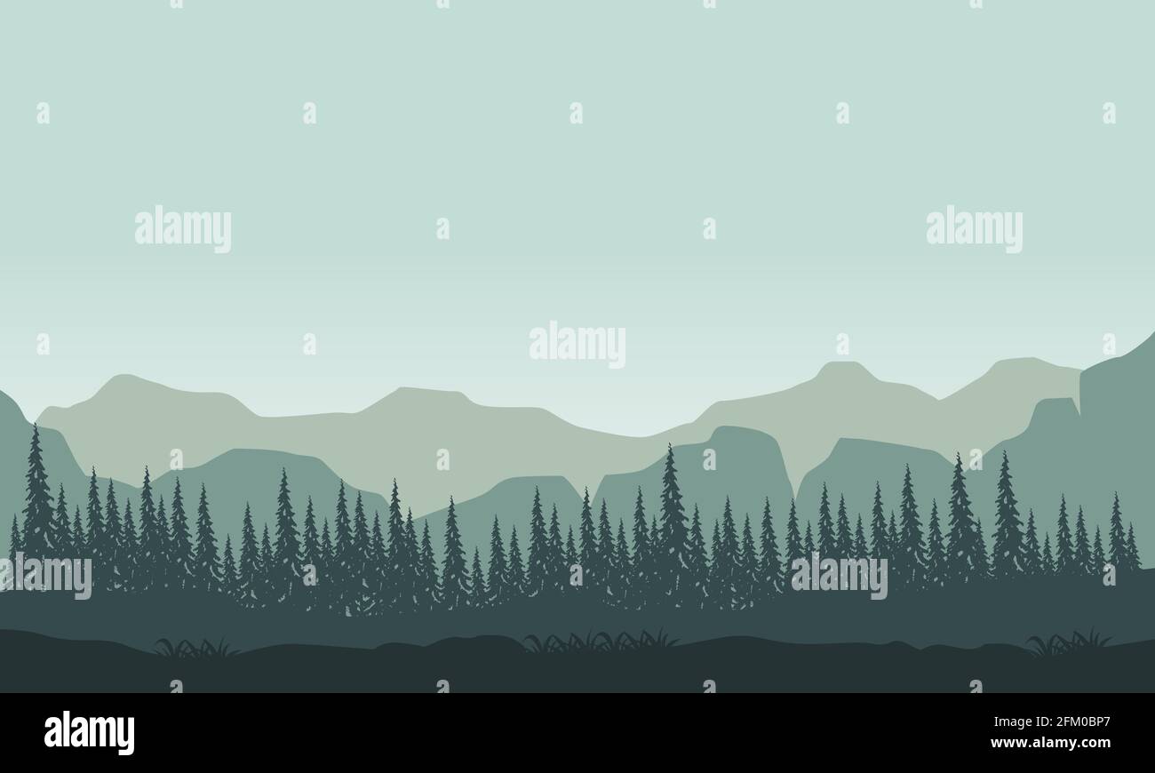 Realistic mountain view with the forest in the morning. Vector ...