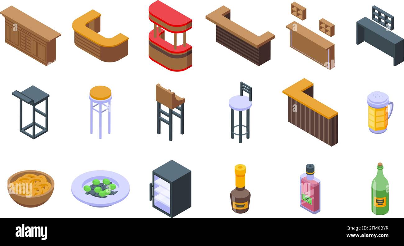 Bar counter icons set. Isometric set of bar counter vector icons for ...