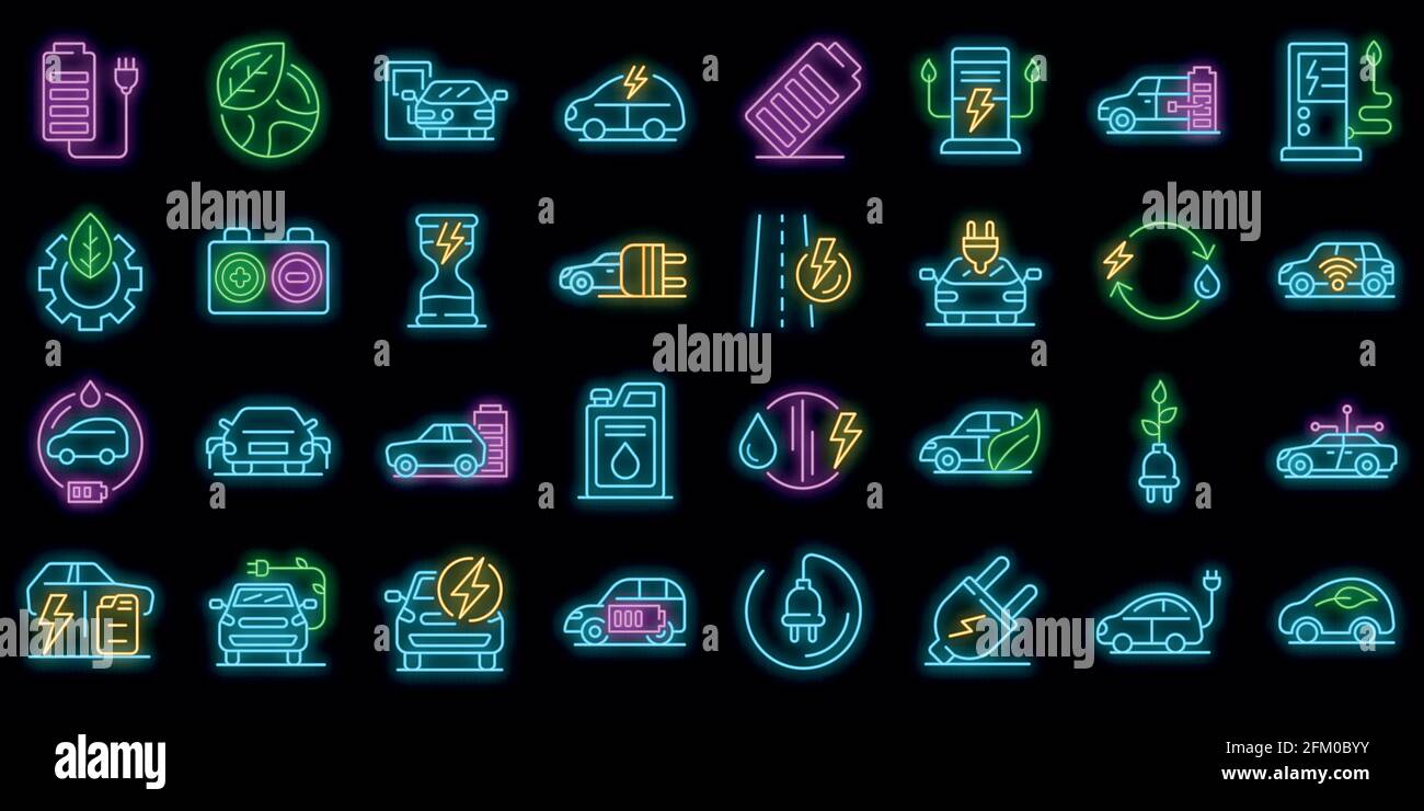 Hybrid icons set. Outline set of hybrid vector icons neoncolor on black ...