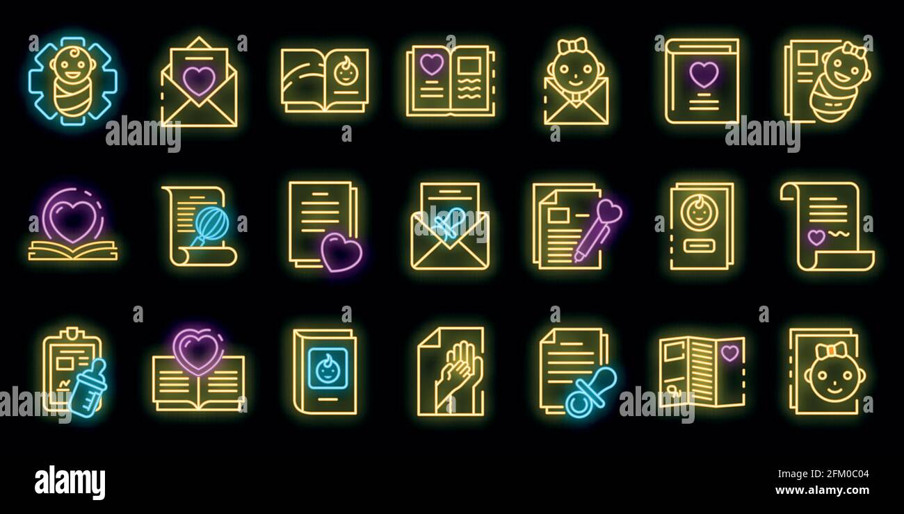 Certificate of birth icons set. Outline set of certificate of birth ...