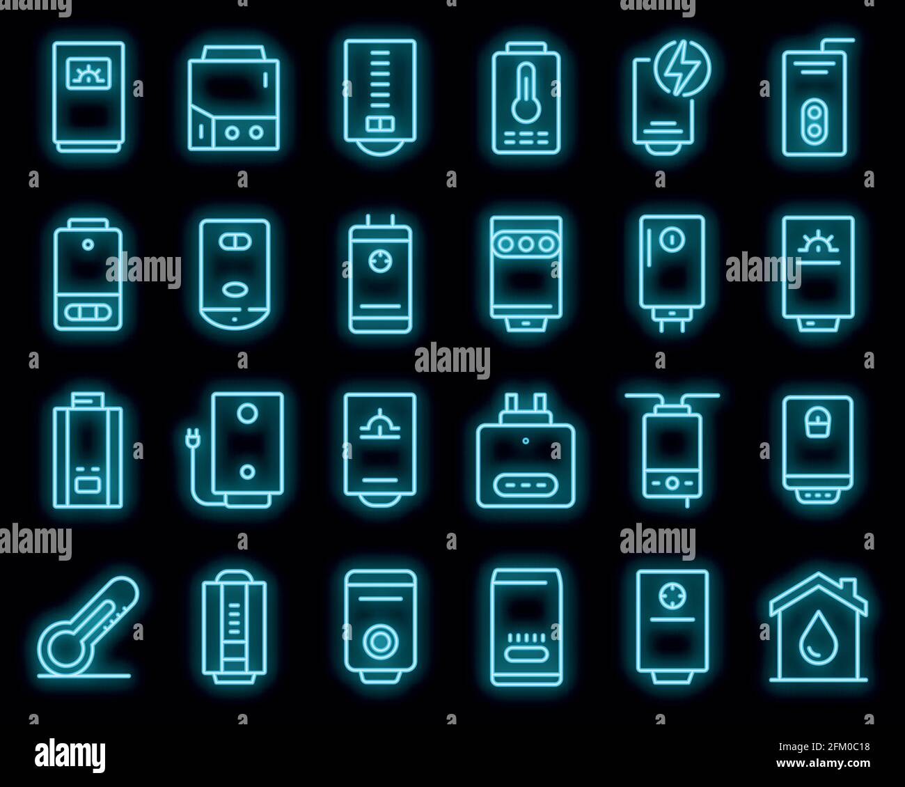 Boiler icons set. Outline set of boiler vector icons neoncolor on black ...