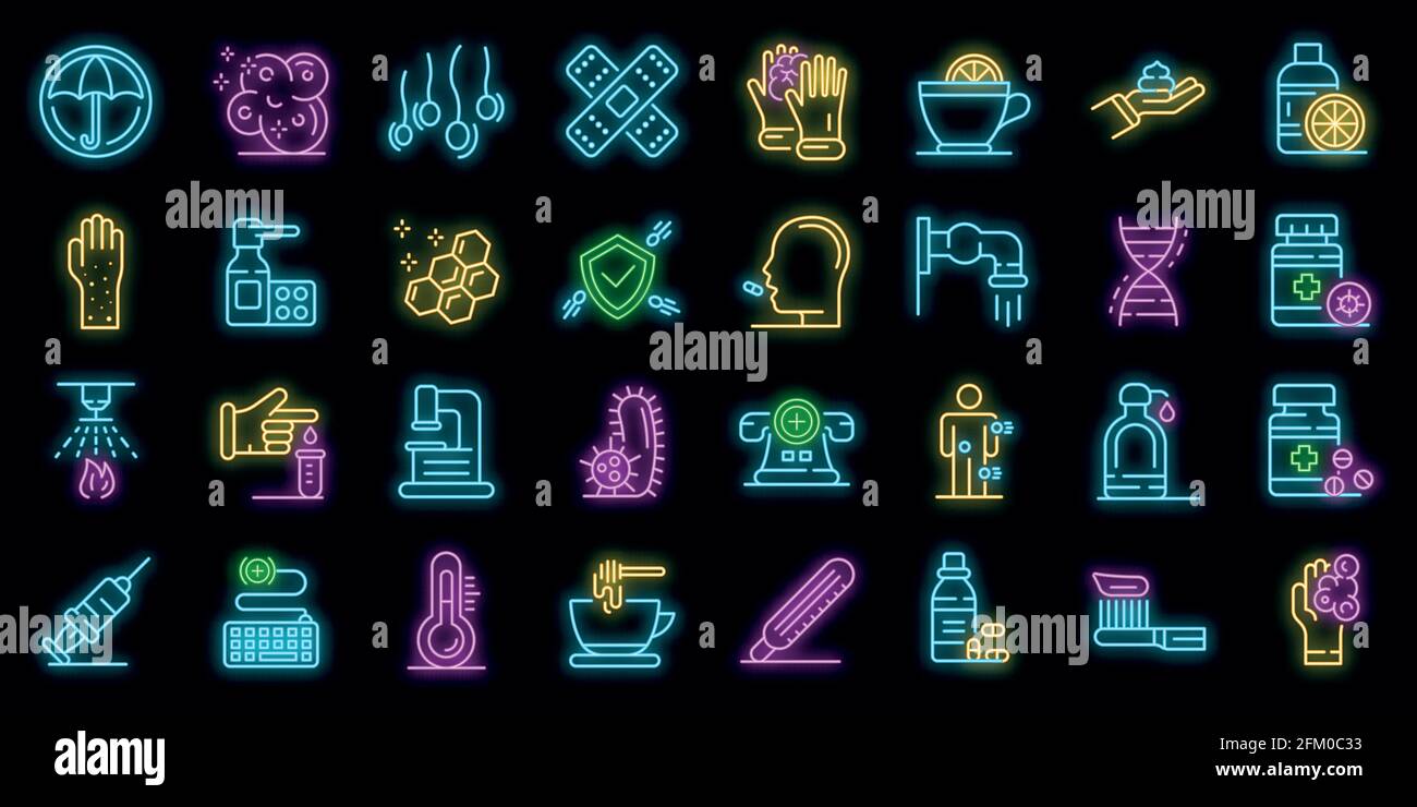 Prevention icons set. Outline set of prevention vector icons neoncolor ...