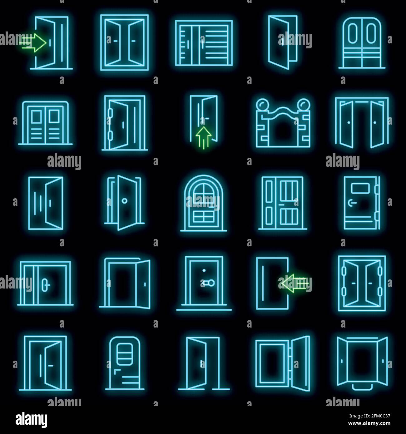 Entrance icons set. Outline set of entrance vector icons neoncolor on ...