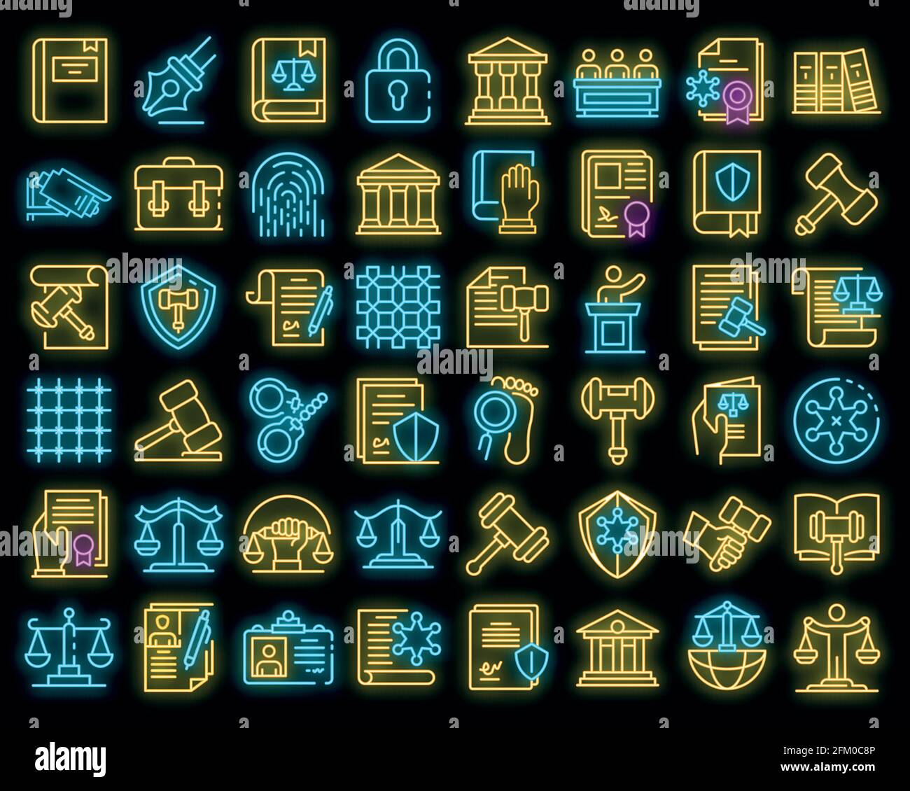 Justice icons set. Outline set of justice vector icons neoncolor on ...