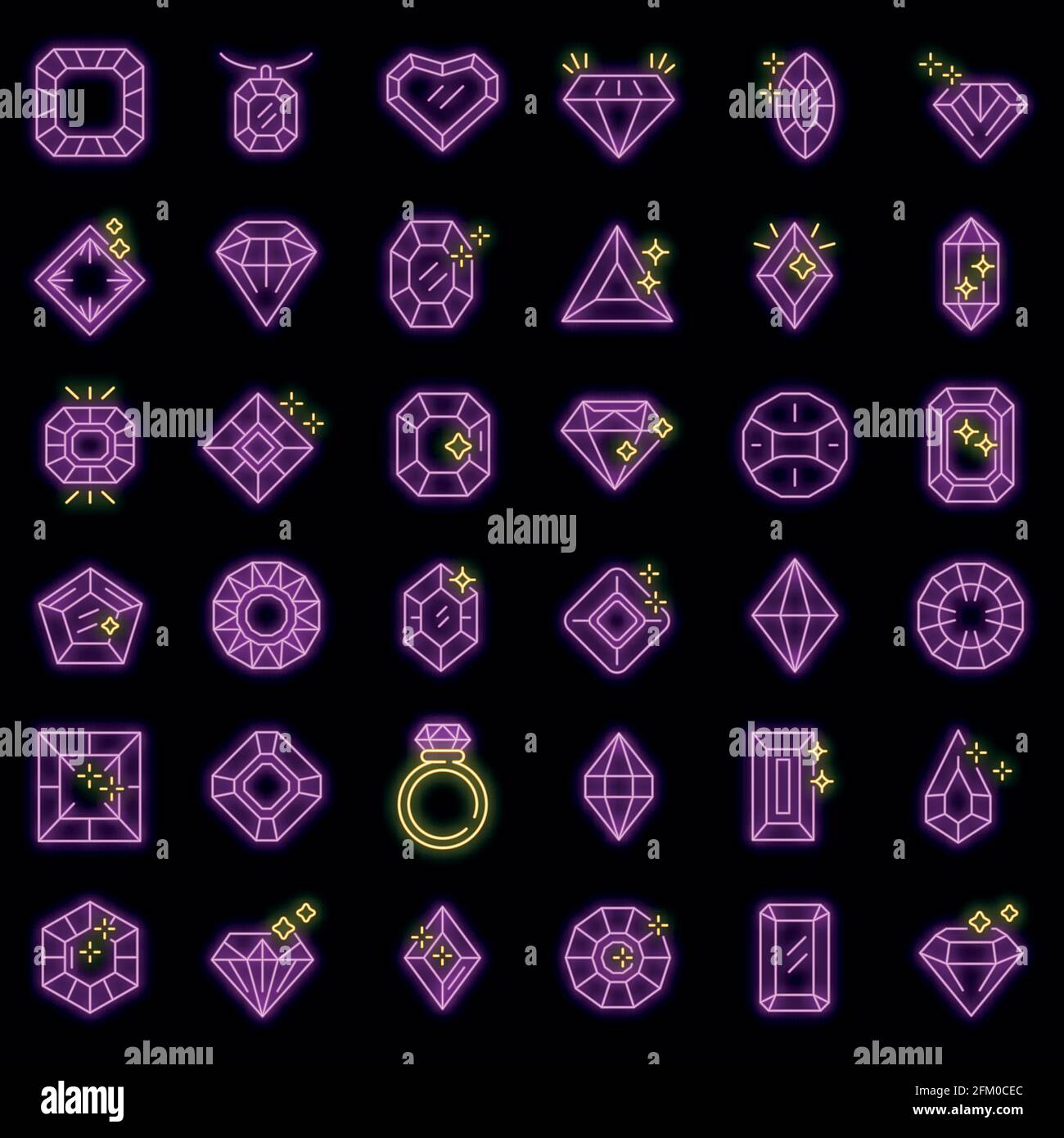 Jewel icons set. Outline set of jewel vector icons neoncolor on black ...