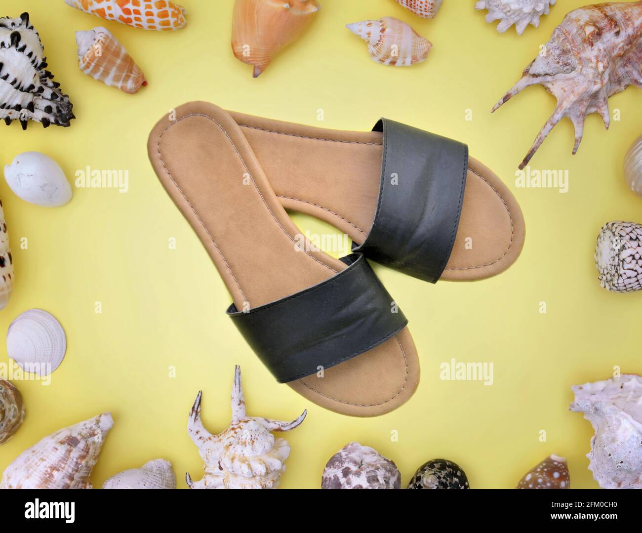 seashells frame on yellow background with pair of sandals in the centre ...