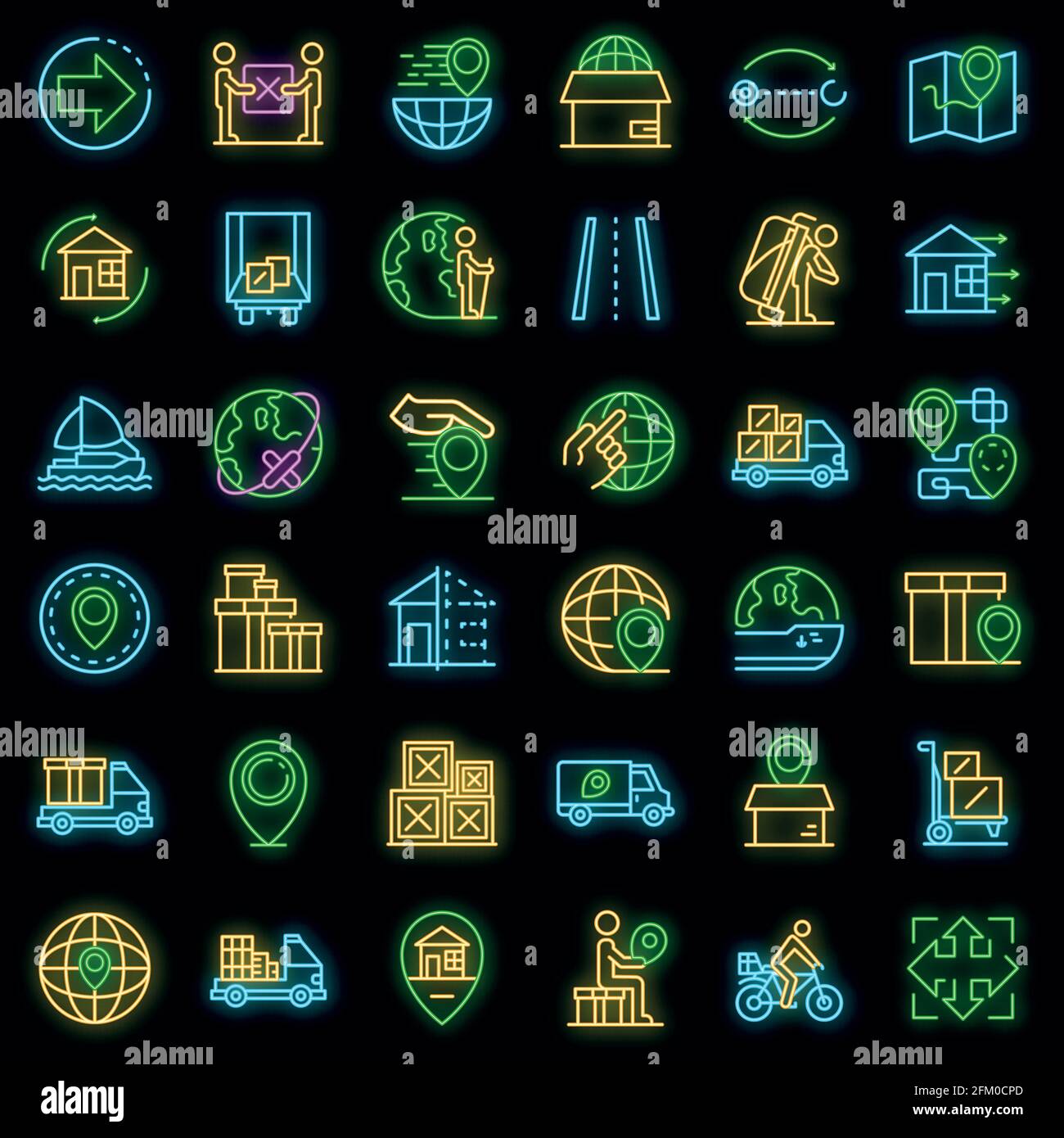 Relocation Icons Set Outline Set Of Relocation Vector Icons Neoncolor On Black Stock Vector