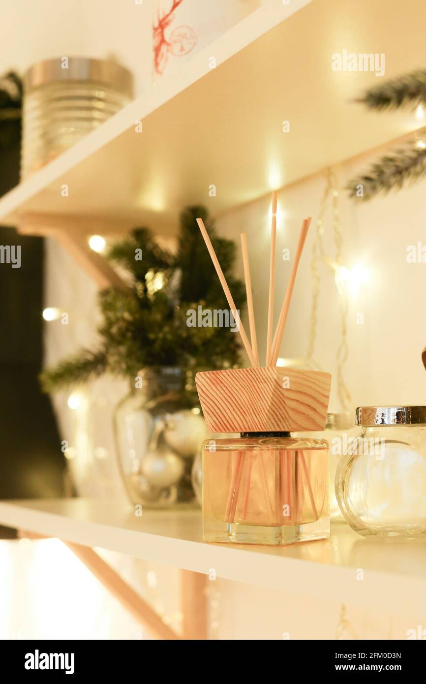 Aromatherapy reed diffuser air freshener on relaxed spa background ...
