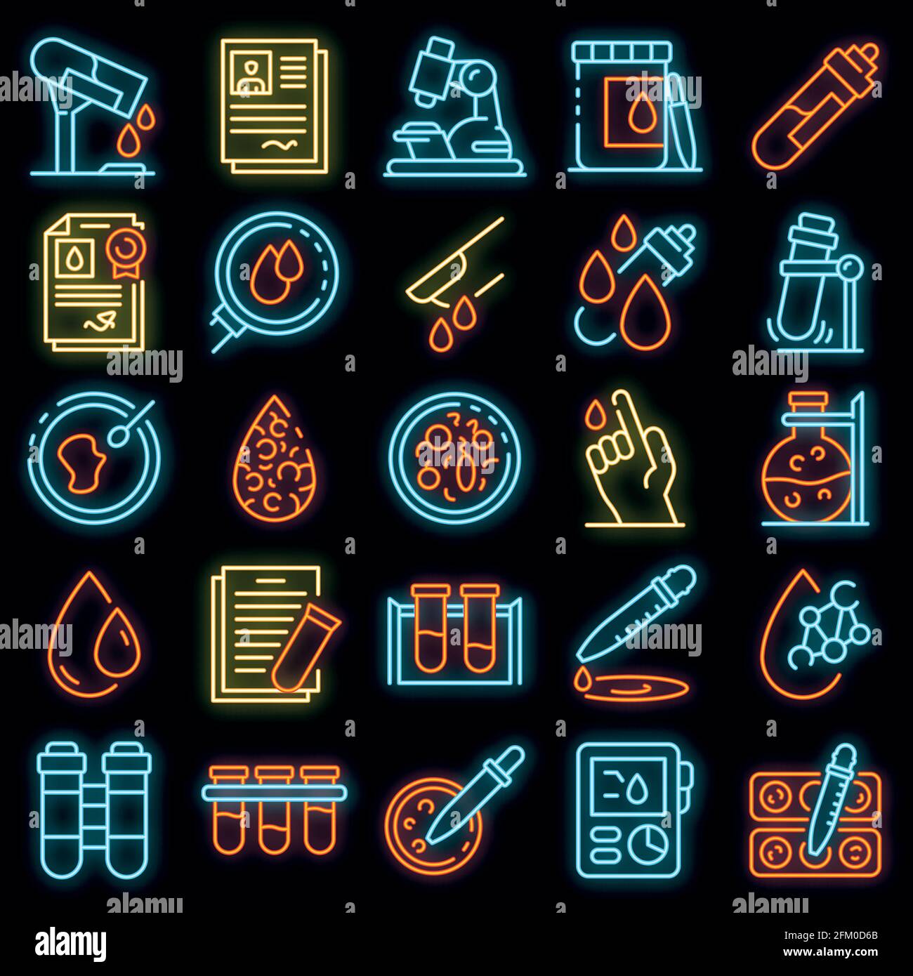 Blood test icons set. Outline set of blood test vector icons neoncolor ...